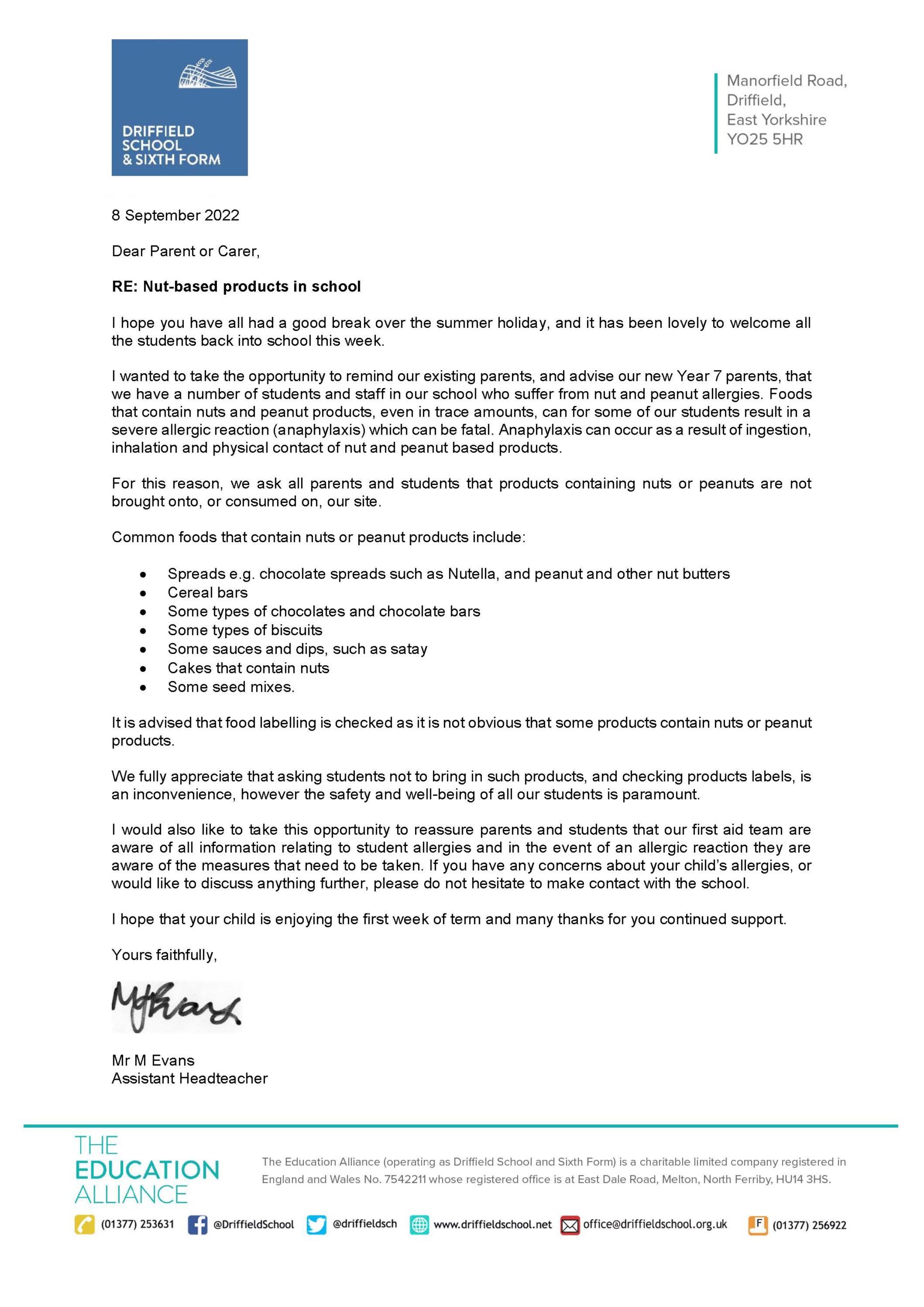 Nut-based products and allergies - Driffield School